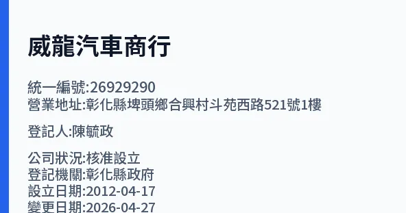 威龍汽車商行的照片-統編 26929290(彰化縣) 公司登記資料與營業項目詳細圖表