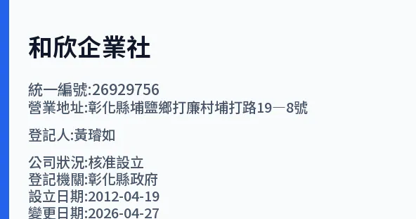 和欣企業社的照片-統編 26929756(彰化縣) 公司登記資料與營業項目詳細圖表