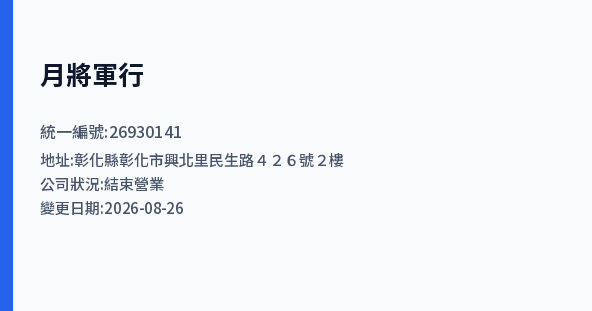 月將軍行的照片-統編 26930141(彰化縣) 公司登記資料與營業項目詳細圖表