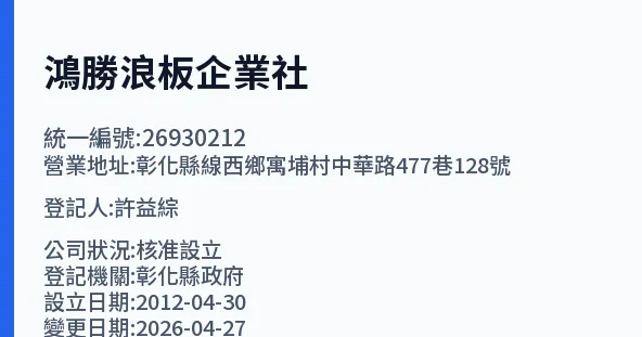 鴻勝浪板企業社的照片-統編 26930212(彰化縣) 公司登記資料與營業項目詳細圖表