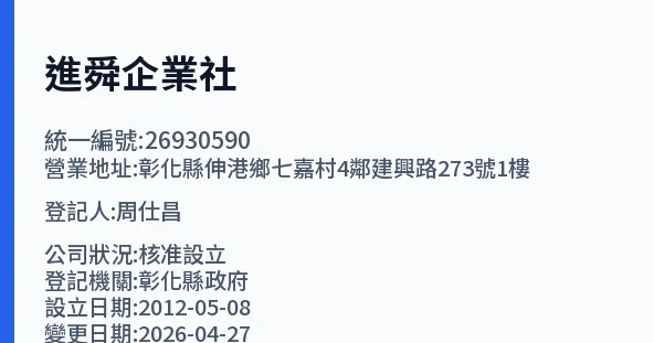 進舜企業社的照片-統編 26930590(彰化縣) 公司登記資料與營業項目詳細圖表