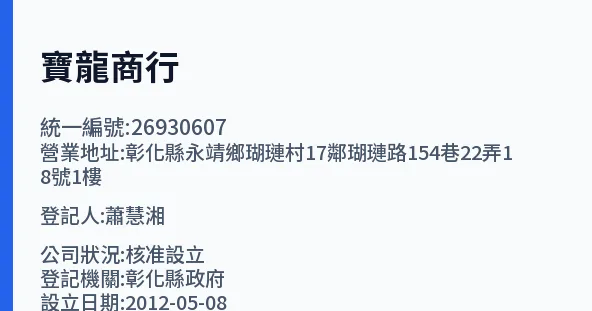 寶龍商行的照片-統編 26930607(彰化縣) 公司登記資料與營業項目詳細圖表