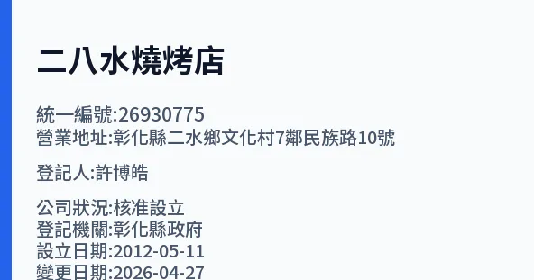 二八水燒烤店的照片-統編 26930775(彰化縣) 公司登記資料與營業項目詳細圖表