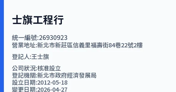 士旗工程行的照片-統編 26930923(新北市) 公司登記資料與營業項目詳細圖表
