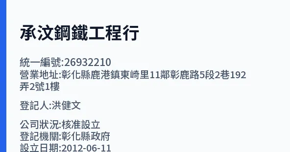 承汶鋼鐵工程行的照片-統編 26932210(彰化縣) 公司登記資料與營業項目詳細圖表