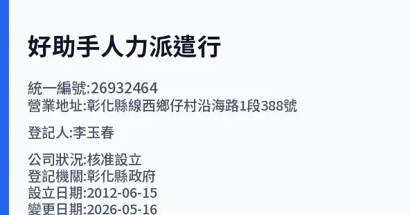 好助手人力派遣行的照片-統編 26932464(彰化縣) 公司登記資料與營業項目詳細圖表