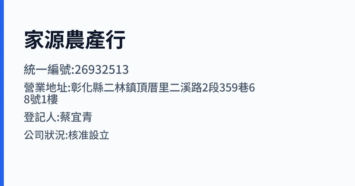 家源農產行 - 統編 26932513(彰化縣) 公司登記資料與營業項目詳細圖表