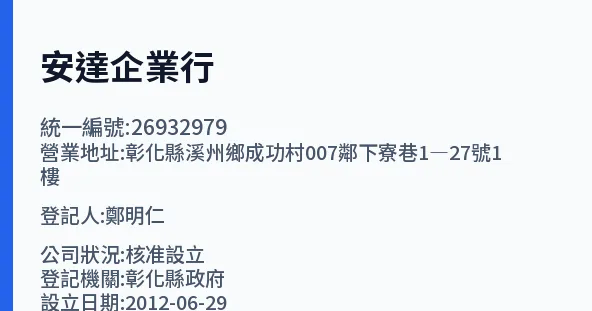 安達企業行的照片-統編 26932979(彰化縣) 公司登記資料與營業項目詳細圖表