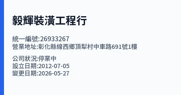 毅輝裝潢工程行的照片-統編 26933267(彰化縣) 公司登記資料與營業項目詳細圖表