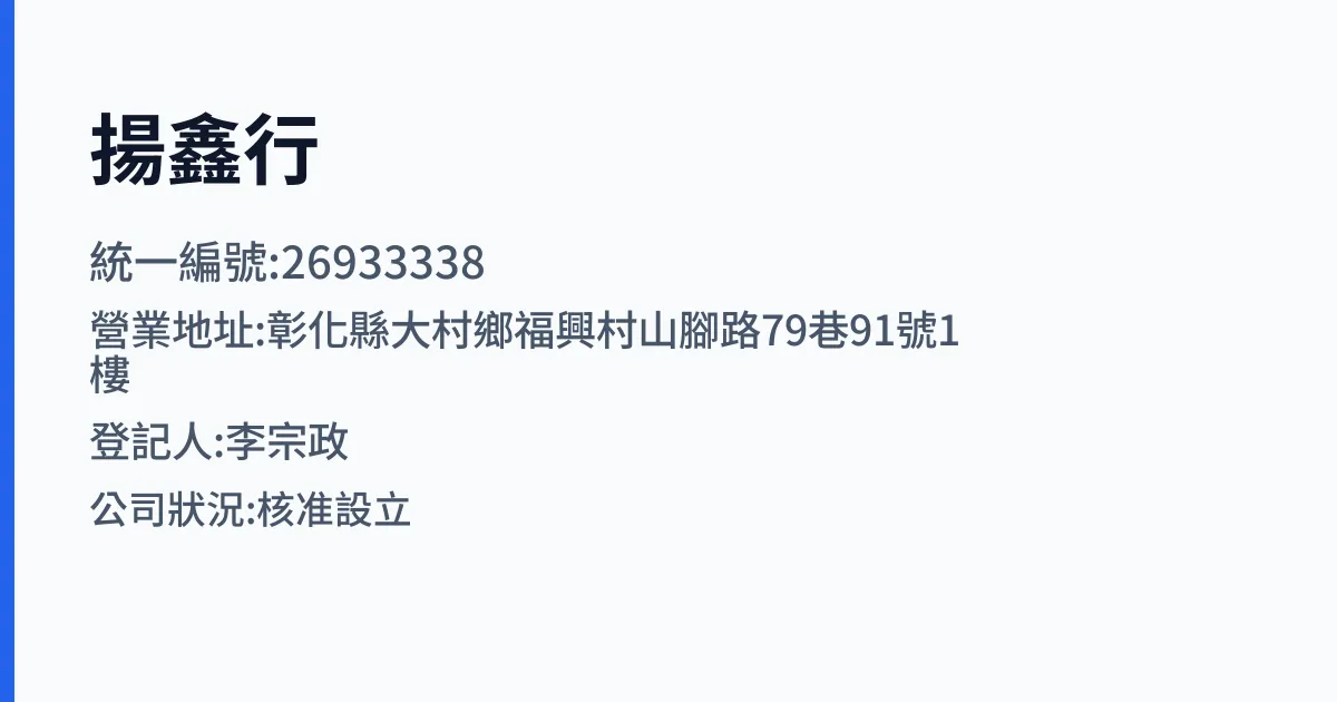 揚鑫行 - 統編 26933338(彰化縣) 公司登記資料與營業項目詳細圖表
