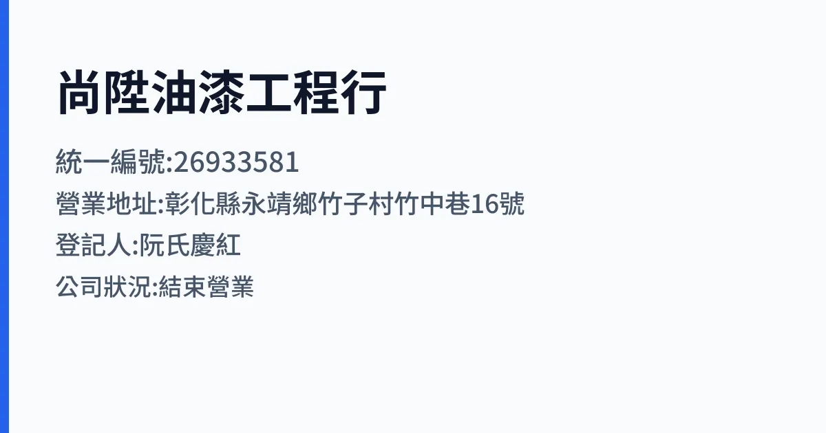 尚陞油漆工程行 - 統編 26933581(彰化縣) 公司登記資料與營業項目詳細圖表