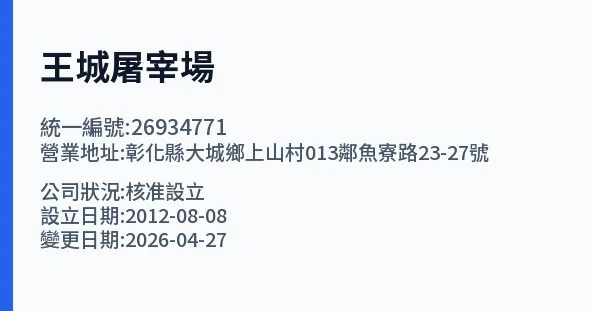 王城屠宰場的照片-統編 26934771(彰化縣) 公司登記資料與營業項目詳細圖表