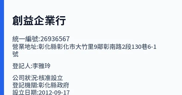 創益企業行的照片-統編 26936567(彰化縣) 公司登記資料與營業項目詳細圖表