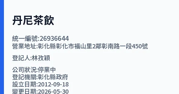 丹尼茶飲的照片-統編 26936644(彰化縣) 公司登記資料與營業項目詳細圖表