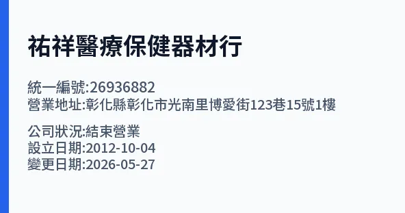 祐祥醫療保健器材行的照片-統編 26936882(彰化縣) 公司登記資料與營業項目詳細圖表