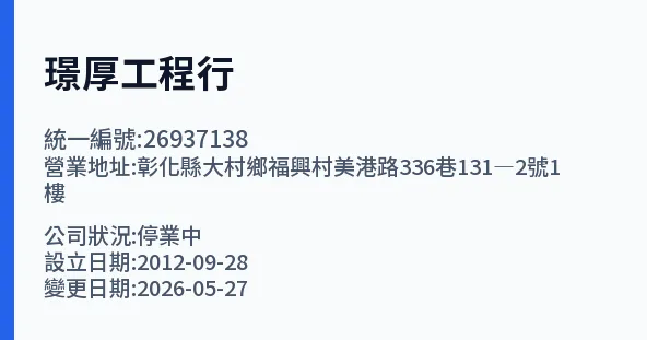 璟厚工程行的照片-統編 26937138(彰化縣) 公司登記資料與營業項目詳細圖表