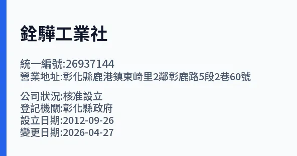 銓驊工業社的照片-統編 26937144(彰化縣) 公司登記資料與營業項目詳細圖表