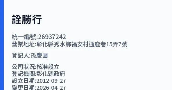 詮勝行的照片-統編 26937242(彰化縣) 公司登記資料與營業項目詳細圖表