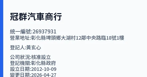 冠群汽車商行的照片-統編 26937931(彰化縣) 公司登記資料與營業項目詳細圖表