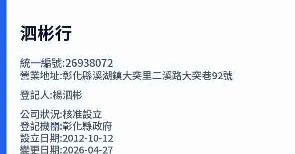 泗彬行的照片-統編 26938072(彰化縣) 公司登記資料與營業項目詳細圖表