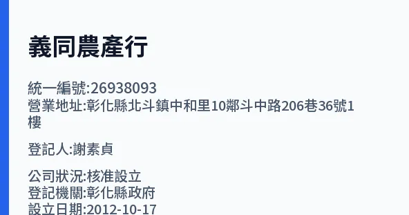 義同農產行的照片-統編 26938093(彰化縣) 公司登記資料與營業項目詳細圖表