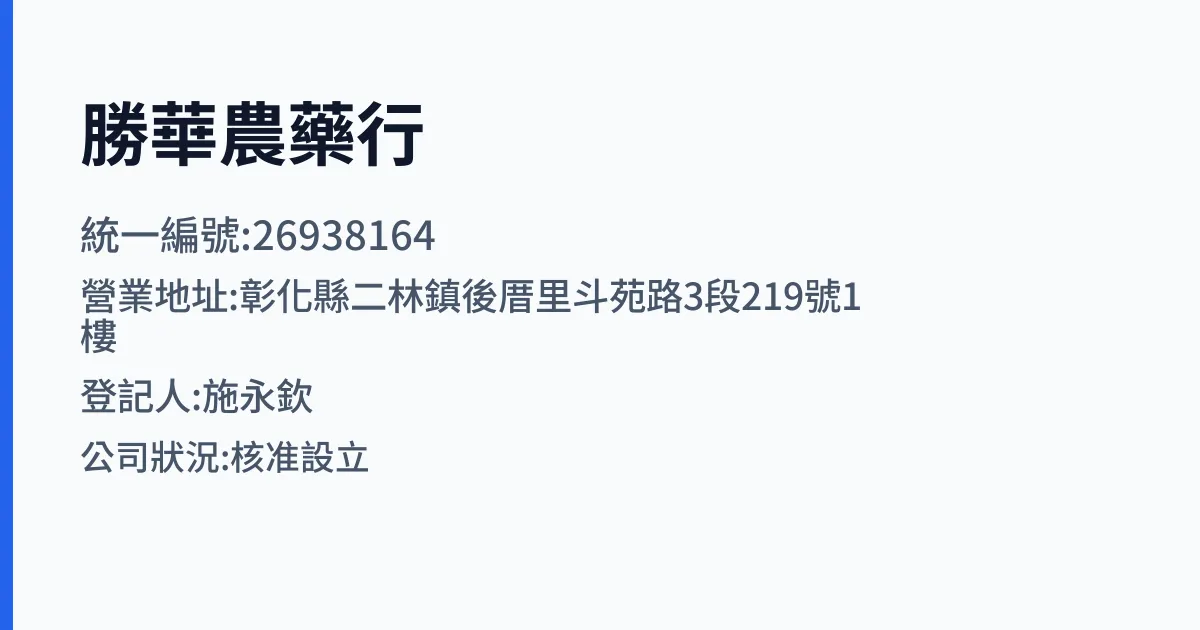 勝華農藥行 - 統編 26938164(彰化縣) 公司登記資料與營業項目詳細圖表