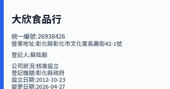 大欣食品行的照片-統編 26938426(彰化縣) 公司登記資料與營業項目詳細圖表
