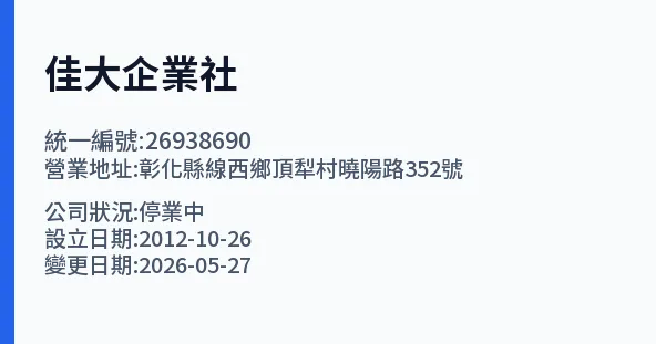 佳大企業社的照片-統編 26938690(彰化縣) 公司登記資料與營業項目詳細圖表