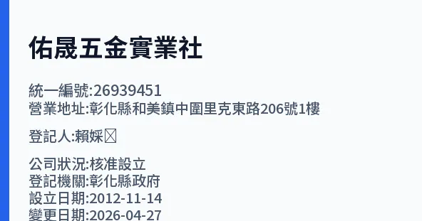 佑晟五金實業社的照片-統編 26939451(彰化縣) 公司登記資料與營業項目詳細圖表