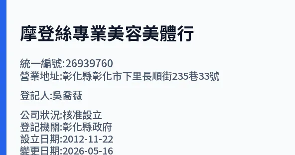 摩登絲專業美容美體行的照片-統編 26939760(彰化縣) 公司登記資料與營業項目詳細圖表