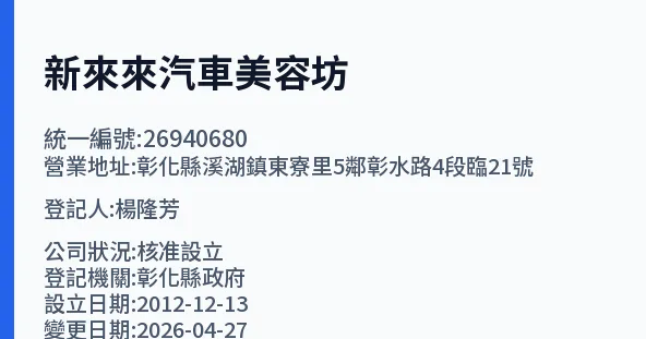 新來來汽車美容坊的照片-統編 26940680(彰化縣) 公司登記資料與營業項目詳細圖表