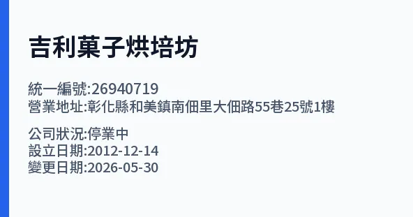 吉利菓子烘培坊的照片-統編 26940719(彰化縣) 公司登記資料與營業項目詳細圖表