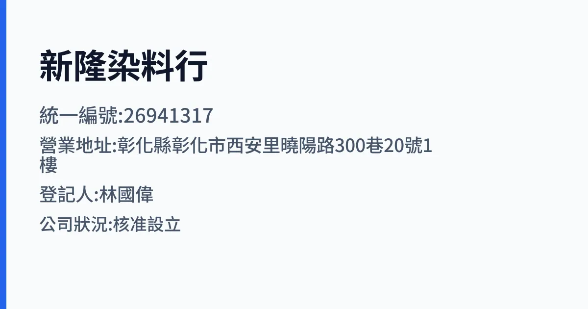 新隆染料行 - 統編 26941317(彰化縣) 公司登記資料與營業項目詳細圖表