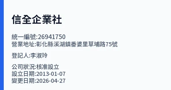 信全企業社的照片-統編 26941750(彰化縣) 公司登記資料與營業項目詳細圖表