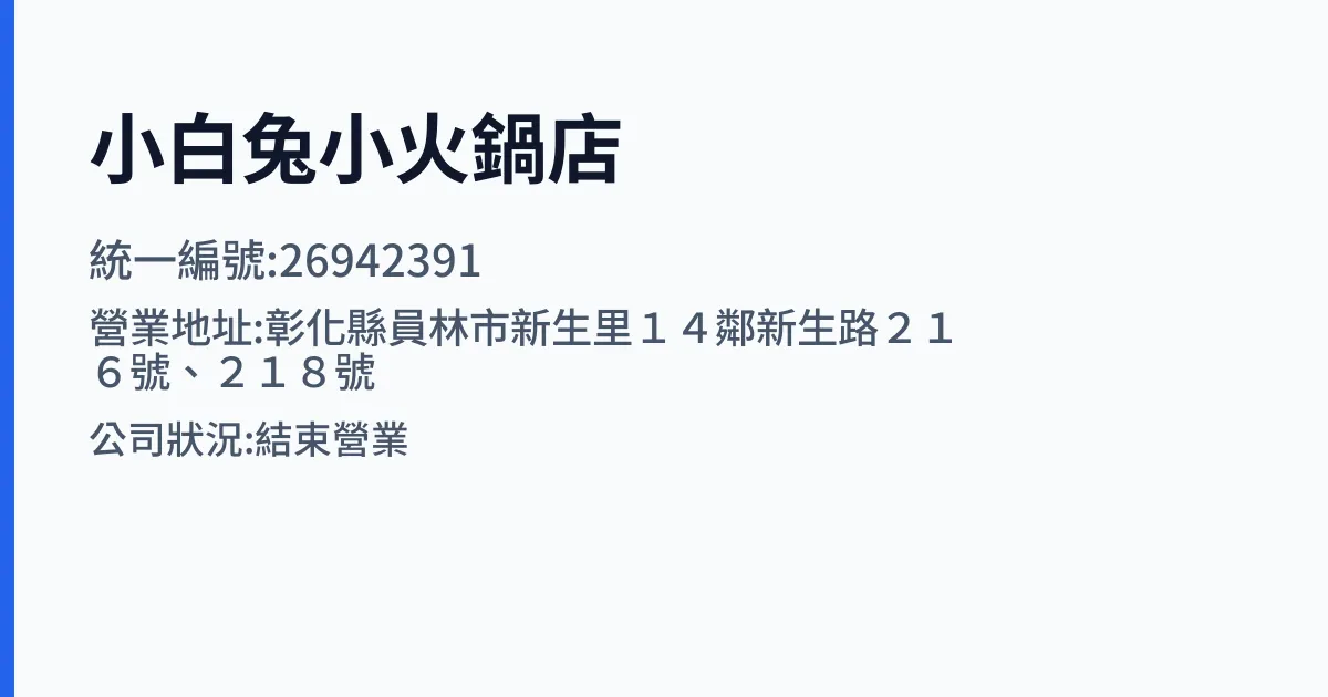 小白兔小火鍋店 - 統編 26942391(彰化縣) 公司登記資料與營業項目詳細圖表
