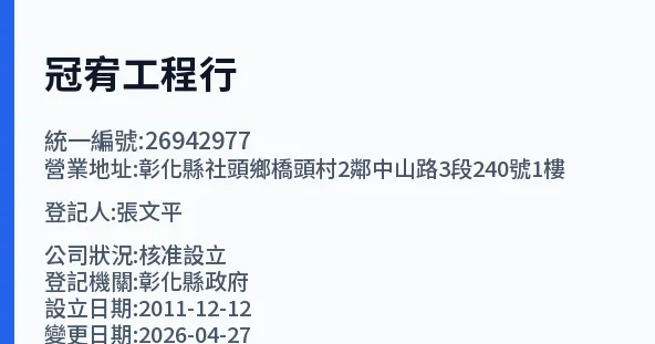 冠宥工程行的照片-統編 26942977(彰化縣) 公司登記資料與營業項目詳細圖表