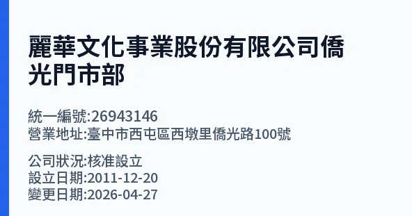 麗華文化事業股份有限公司僑光門市部的照片-統編 26943146(臺中市) 公司登記資料與營業項目詳細圖表