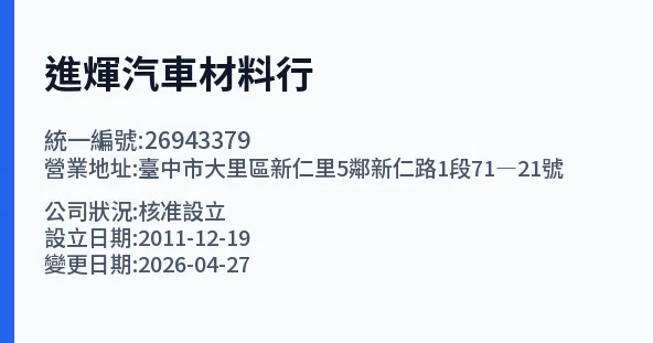 進煇汽車材料行的照片-統編 26943379(臺中市) 公司登記資料與營業項目詳細圖表