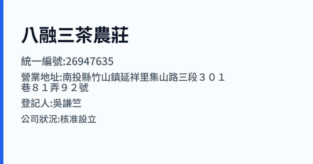 八融三茶農莊 - 統編 26947635(南投縣) 公司登記資料與營業項目詳細圖表