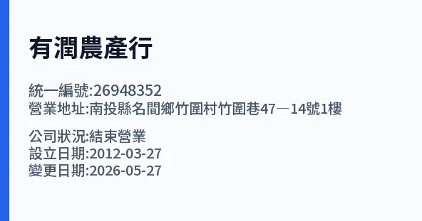 有潤農產行的照片-統編 26948352(南投縣) 公司登記資料與營業項目詳細圖表