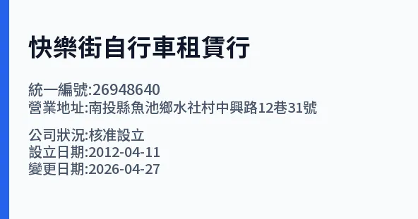 快樂街自行車租賃行的照片-統編 26948640(南投縣) 公司登記資料與營業項目詳細圖表