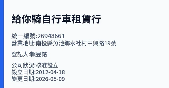 給你騎自行車租賃行的照片-統編 26948661(南投縣) 公司登記資料與營業項目詳細圖表