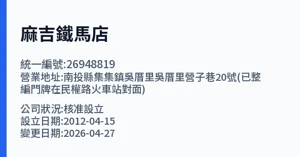 麻吉鐵馬店的照片-統編 26948819(南投縣) 公司登記資料與營業項目詳細圖表
