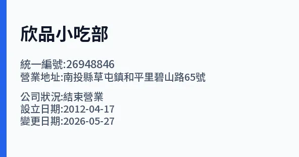 欣品小吃部的照片-統編 26948846(南投縣) 公司登記資料與營業項目詳細圖表