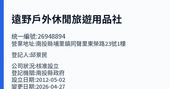 遠野戶外休閒旅遊用品社的照片-統編 26948894(南投縣) 公司登記資料與營業項目詳細圖表