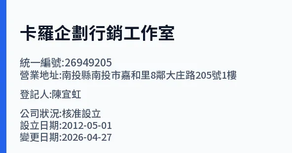 卡羅企劃行銷工作室的照片-統編 26949205(南投縣) 公司登記資料與營業項目詳細圖表