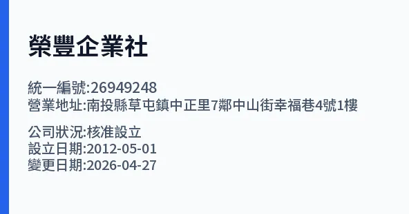 榮豐企業社的照片-統編 26949248(南投縣) 公司登記資料與營業項目詳細圖表