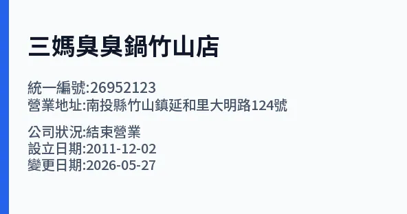 三媽臭臭鍋竹山店的照片-統編 26952123(南投縣) 公司登記資料與營業項目詳細圖表