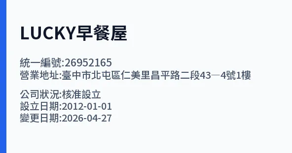 LUCKY早餐屋的照片-統編 26952165(臺中市) 公司登記資料與營業項目詳細圖表