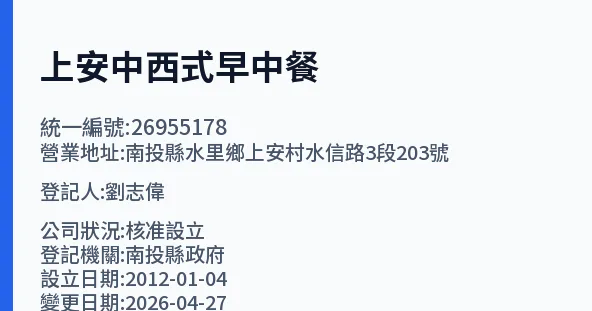 上安中西式早中餐的照片-統編 26955178(南投縣) 公司登記資料與營業項目詳細圖表